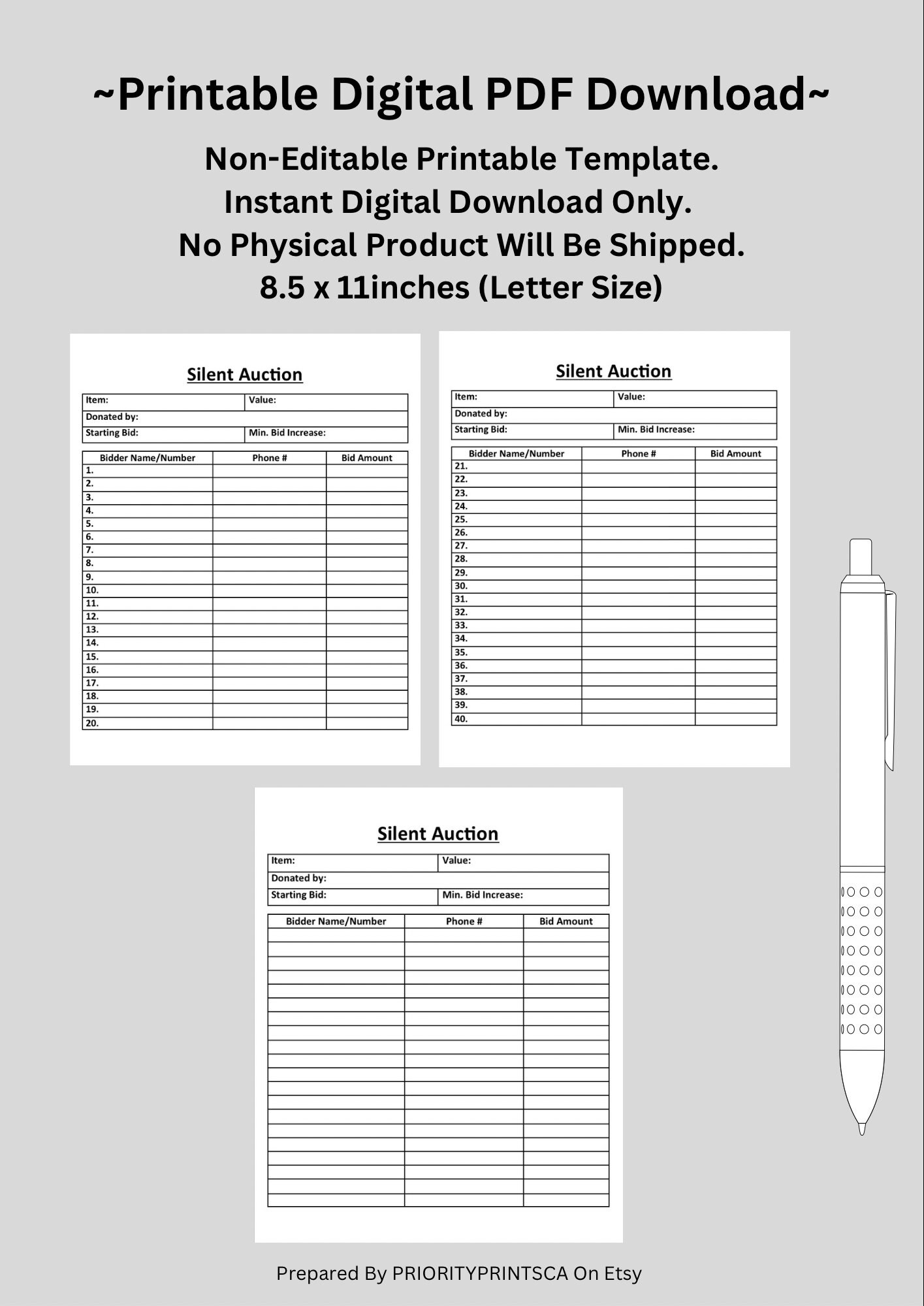 Silent Auction Bidding Sheet | Printable | US Letter Size | Digital ...
