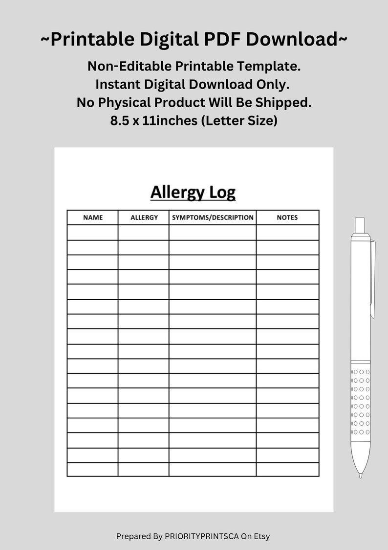 Allergy Log, Allergies, Allergy Form/sheet, Medical Conditions ...