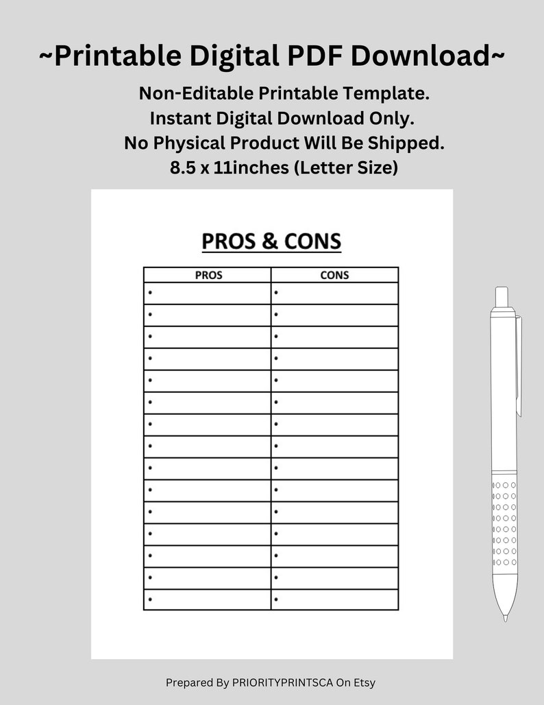 Pros and Cons List. Printable PDF. Decision Making, Organization. Life ...