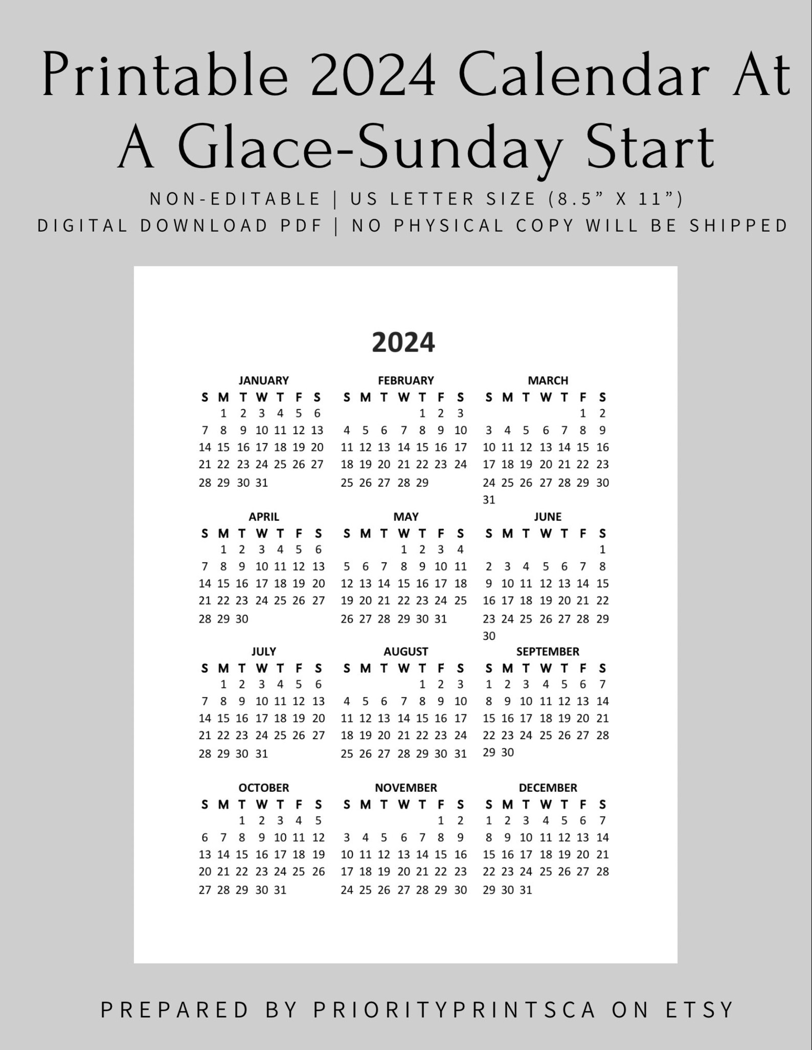 2024 Calendar Sunday and Monday Start | at A Glance Calendar ...