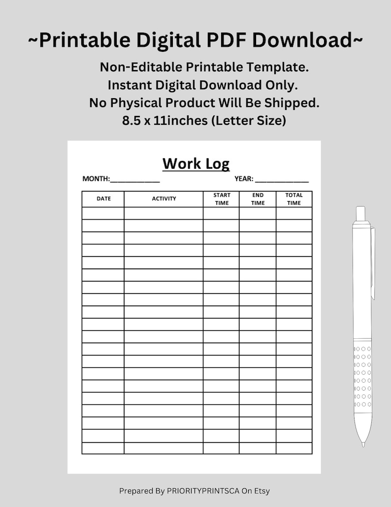 Work Log Template, Business Template, Work From Home Log, Productivity ...