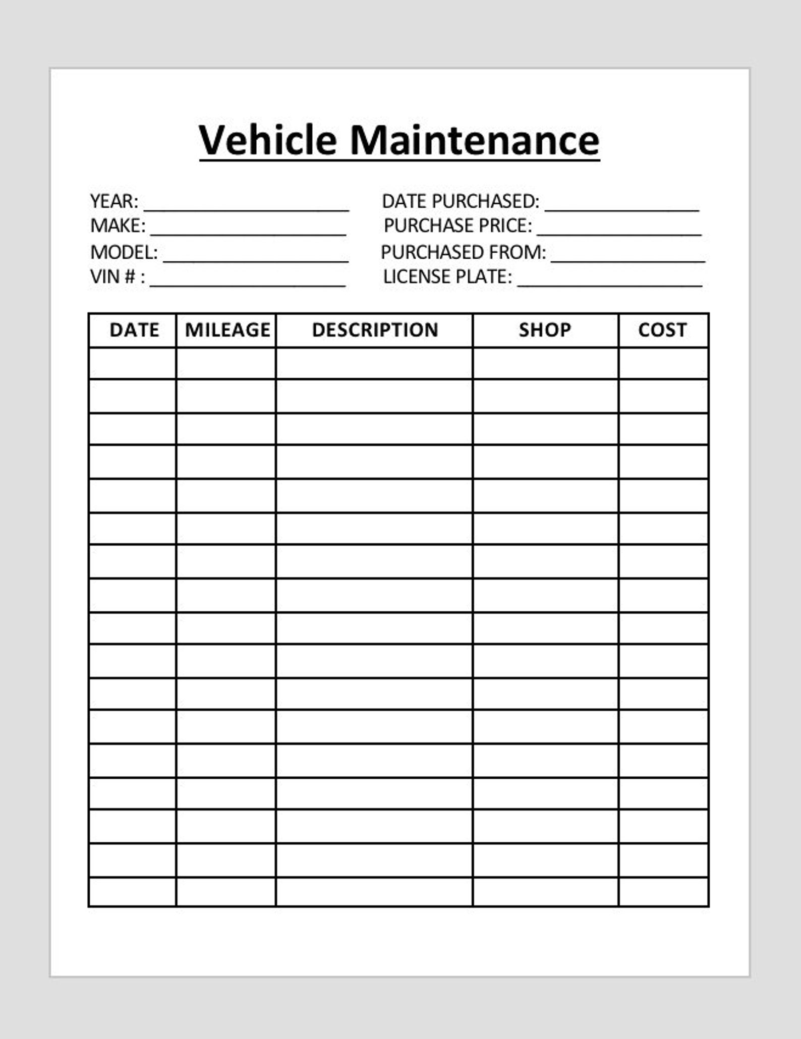 Vehicle Maintenance Log. Car, SUV, Truck Maintenance Sheet. Vehicle Expenses | Printable | US ...
