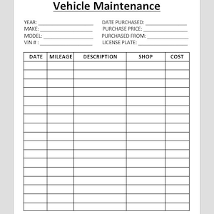 Vehicle Maintenance Log. Car, SUV, Truck Maintenance Sheet. Vehicle ...