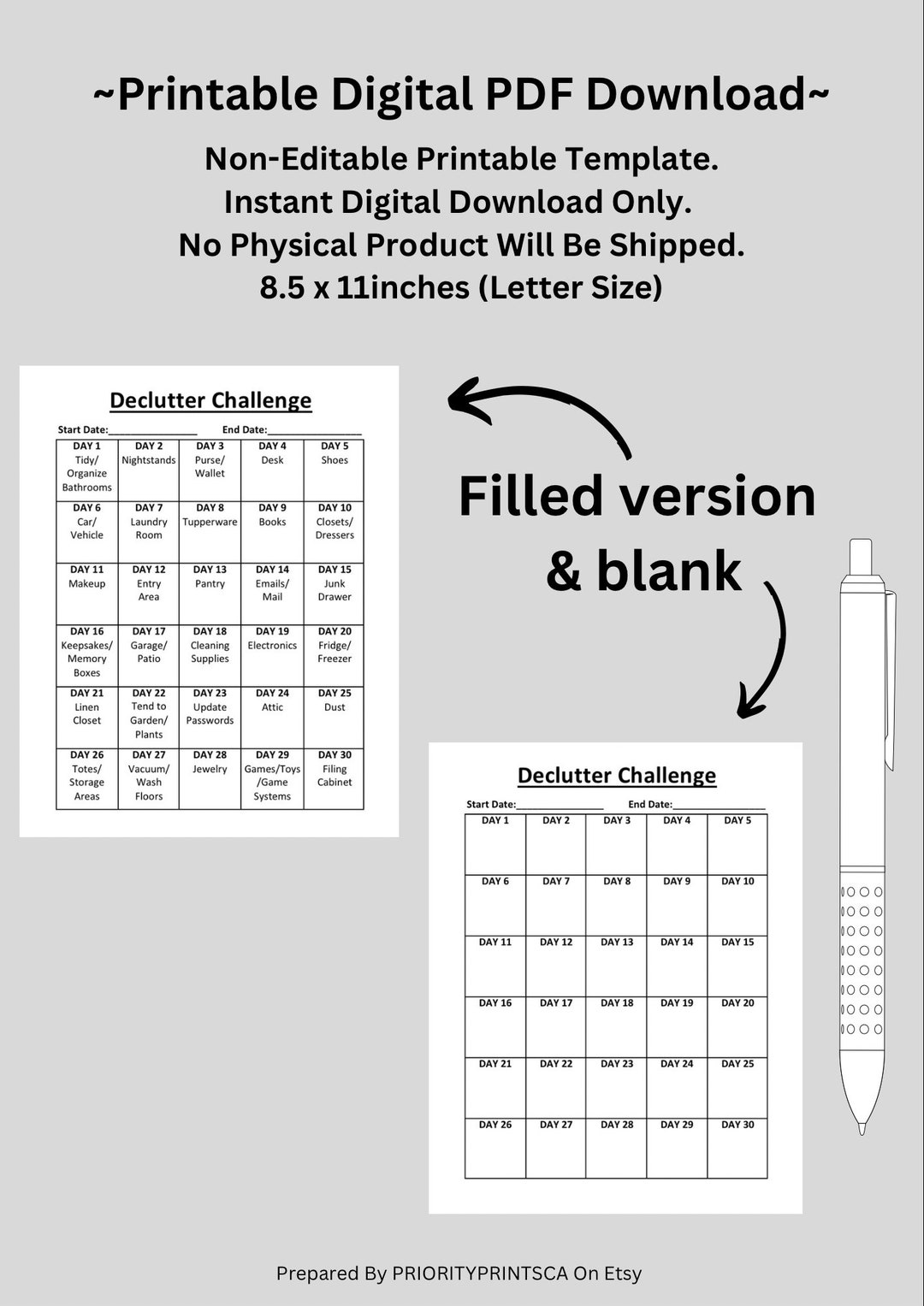 Ultimate 30 Day Declutter Challenge, Spring Cleaning, Filled and Blank ...