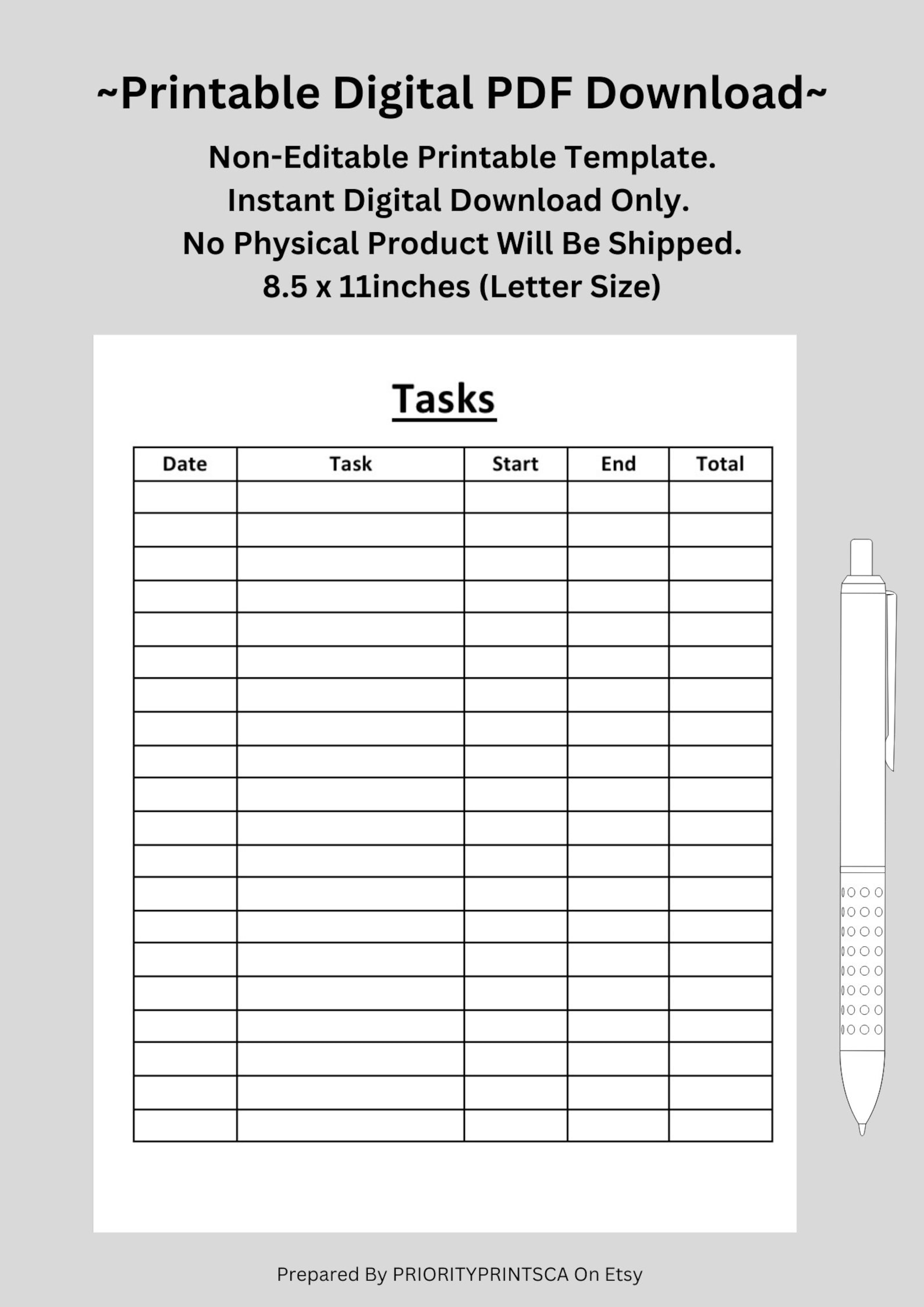 Tasks Log Sheet for Business, Personal, Work, School | Printable | US ...