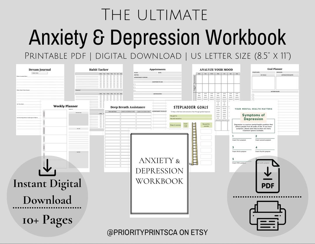 Printable Anxiety & Depression Workbook, PDF Digital Download, 50 Pages ...