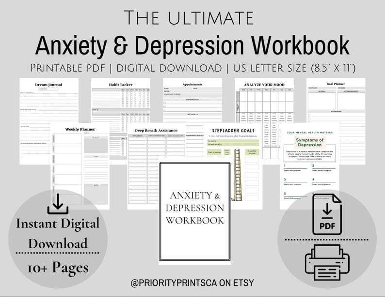 Printable Anxiety & Depression Workbook, PDF Digital Download, 50 Pages ...