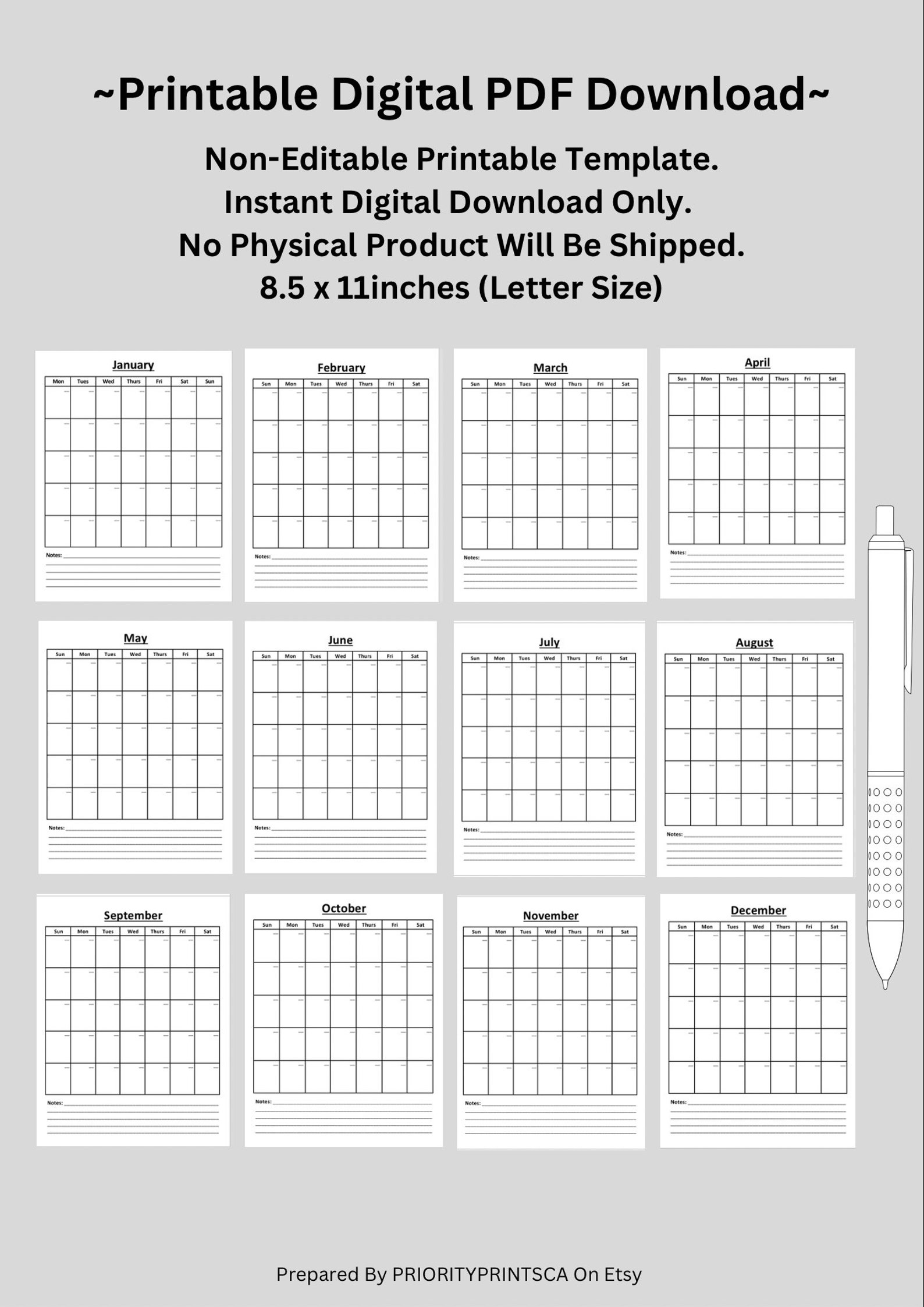 Ultimate Monthly Calendar Sunday and Monday Start, Annual Planner ...