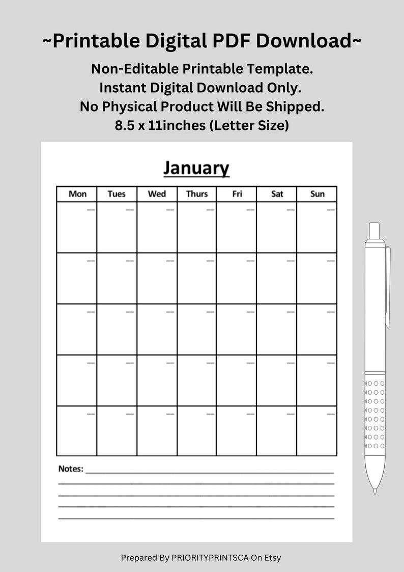 Minimalist Monthly Calendar Printable, US Letter Size (digital Download ...