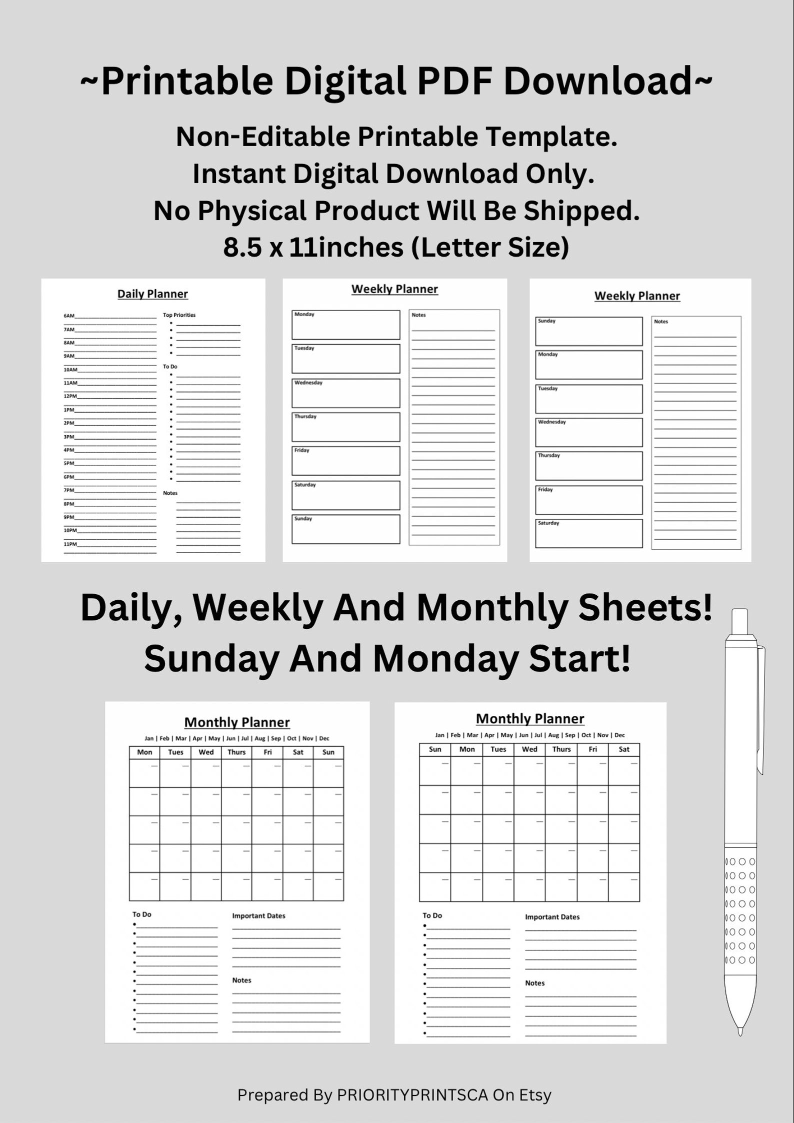 Ultimate Daily, Weekly & Monthly Planner Sheets | Printable | US Letter ...