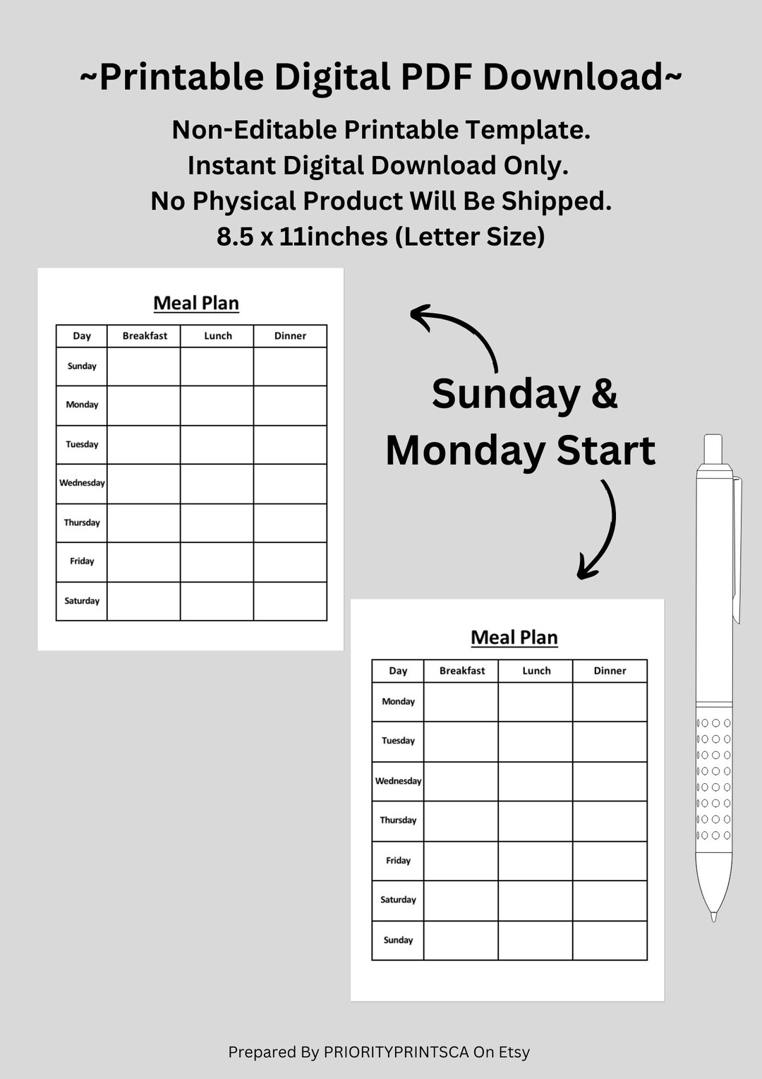 Meal Plan Templates, With Snacks and Without | Printable | US Letter ...