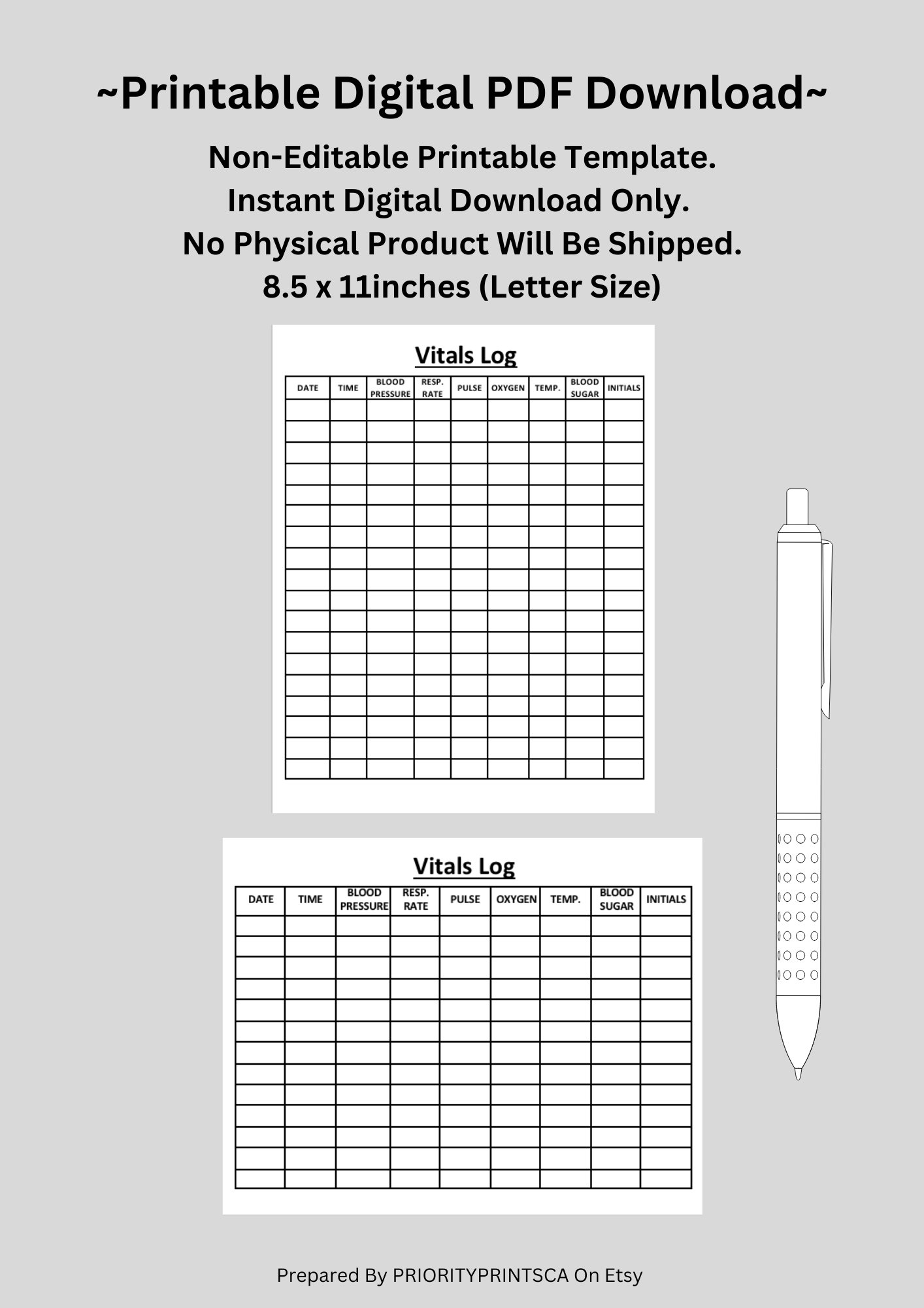 Vitals Log Sheets With Spot for Initials | Printable | US Letter Size ...