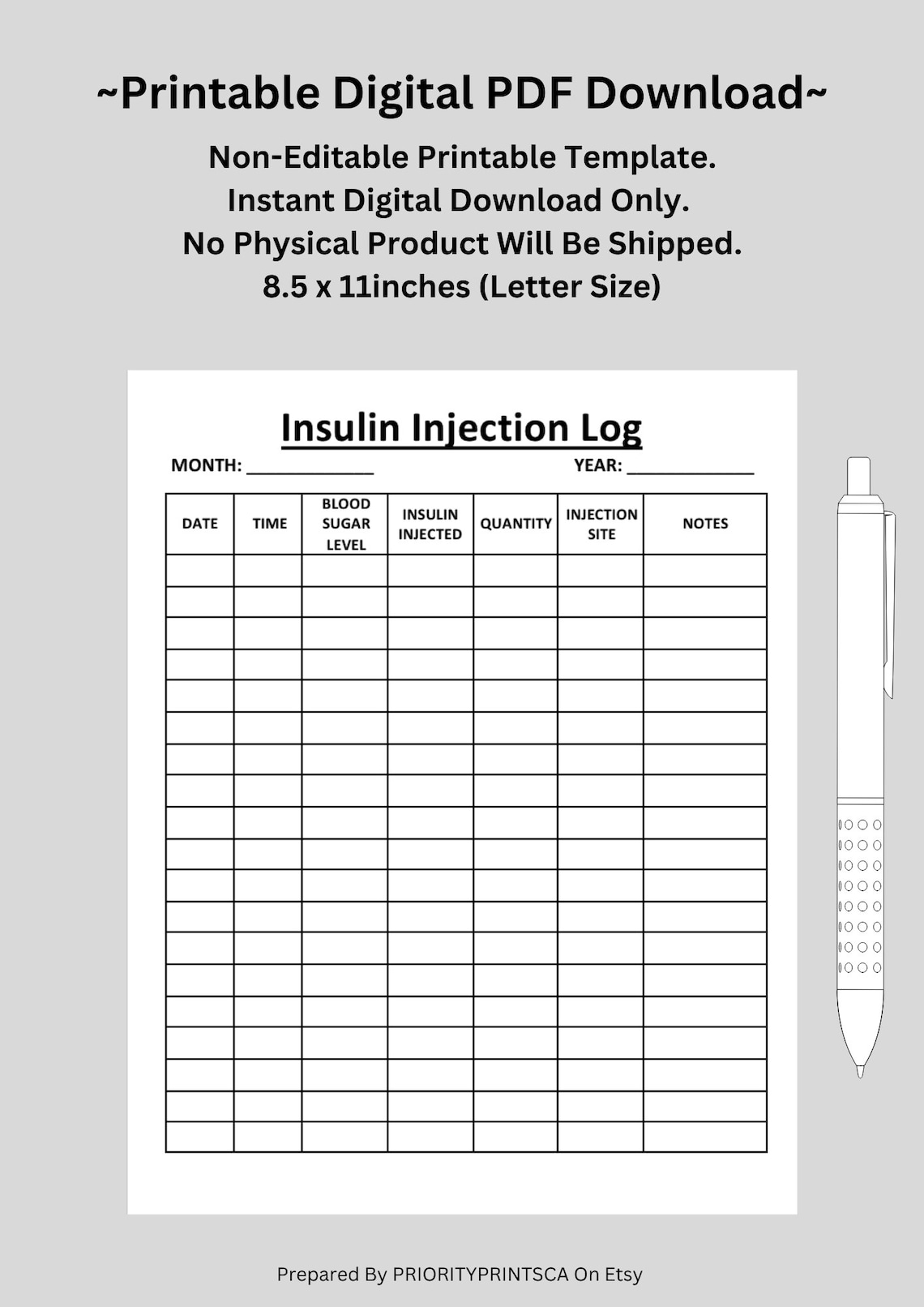 Insulin Injection Log | Health Care | Printable | US Letter Size ...