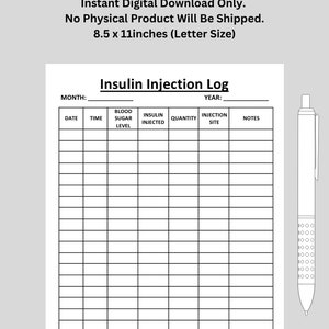 Insulin Injection Log | Health Care | Printable | US Letter Size ...
