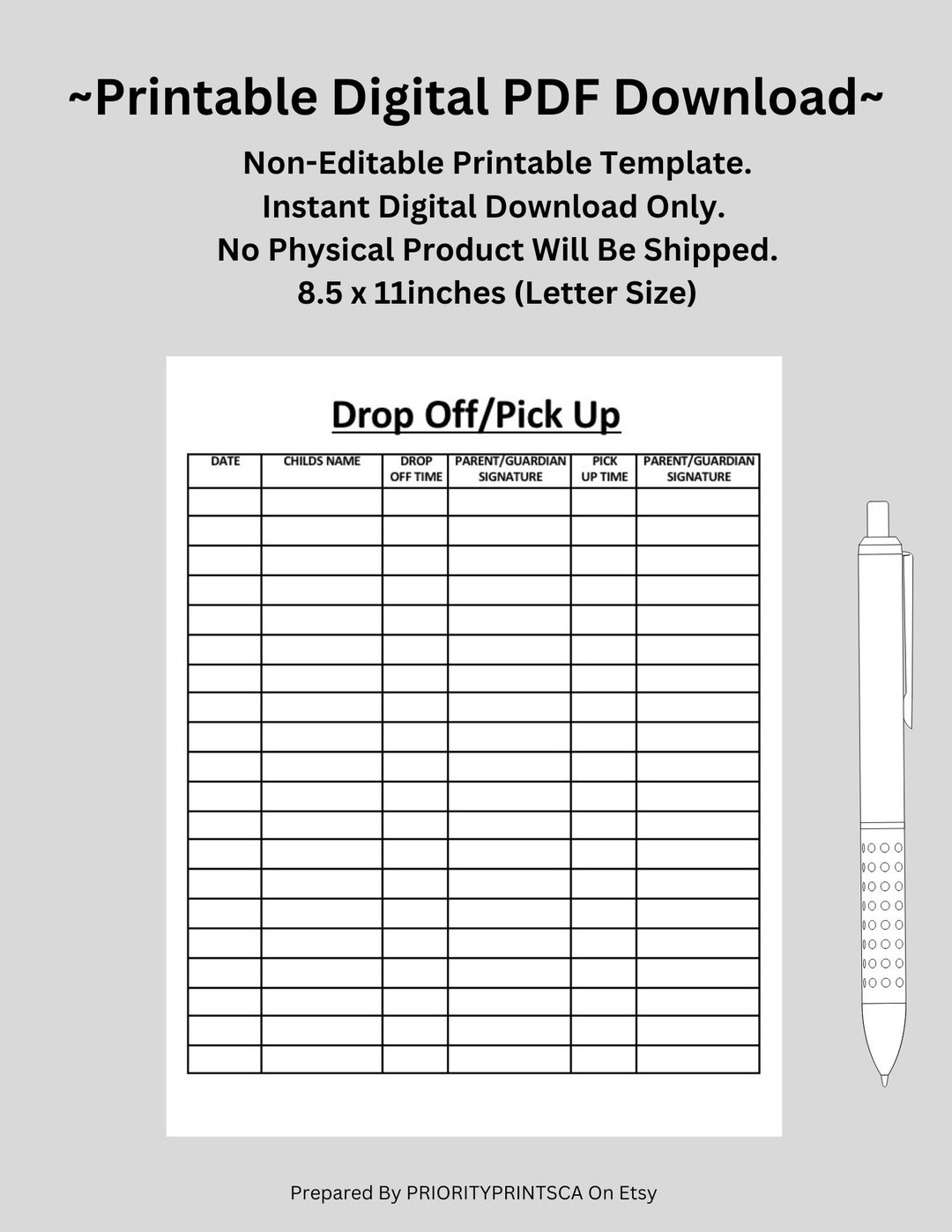 Child Drop Off/pick up Sheet, Daycare, Camps, Summer Camp | Printable ...