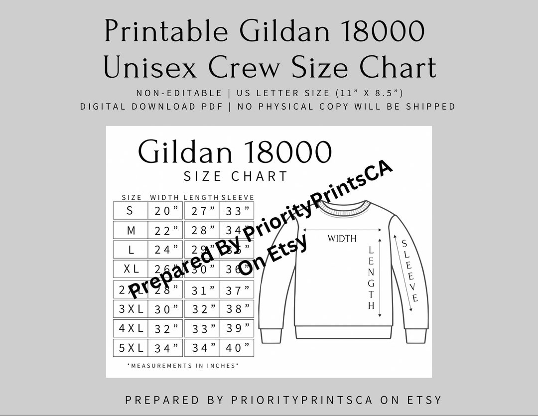 Gildan 18000 Size Chart | Unisex Crew | Digital Download JPG/JPEG File ...
