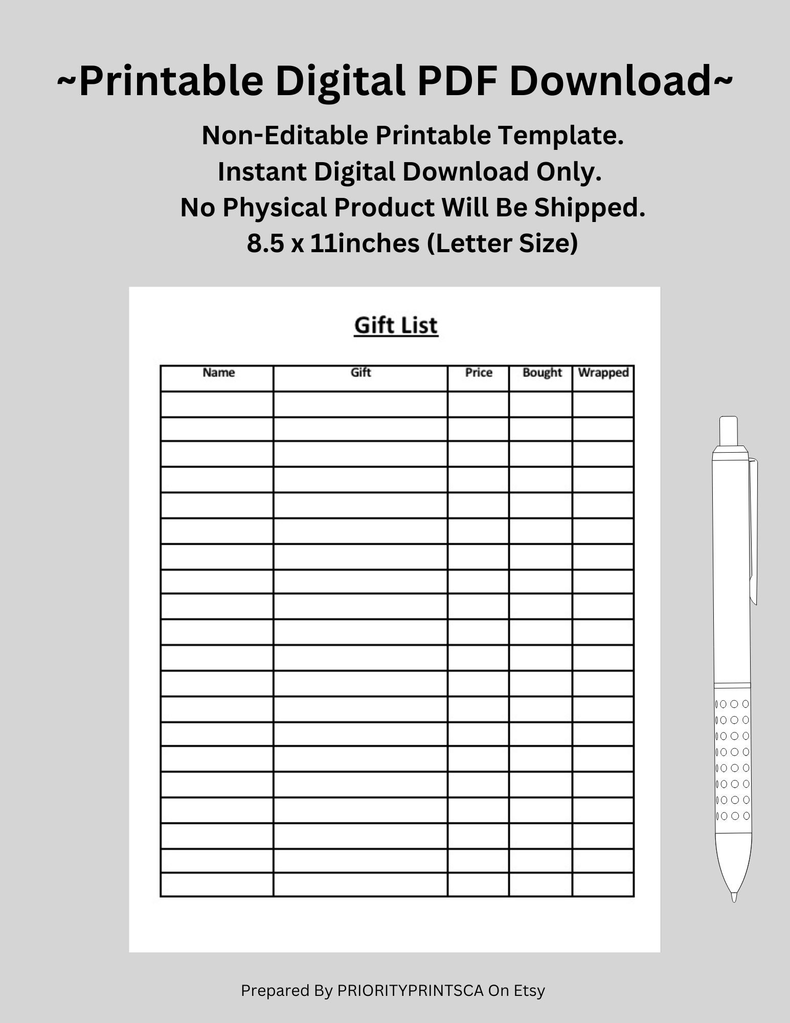 Gift List | Printable | US Letter Size | Digital Download - Etsy