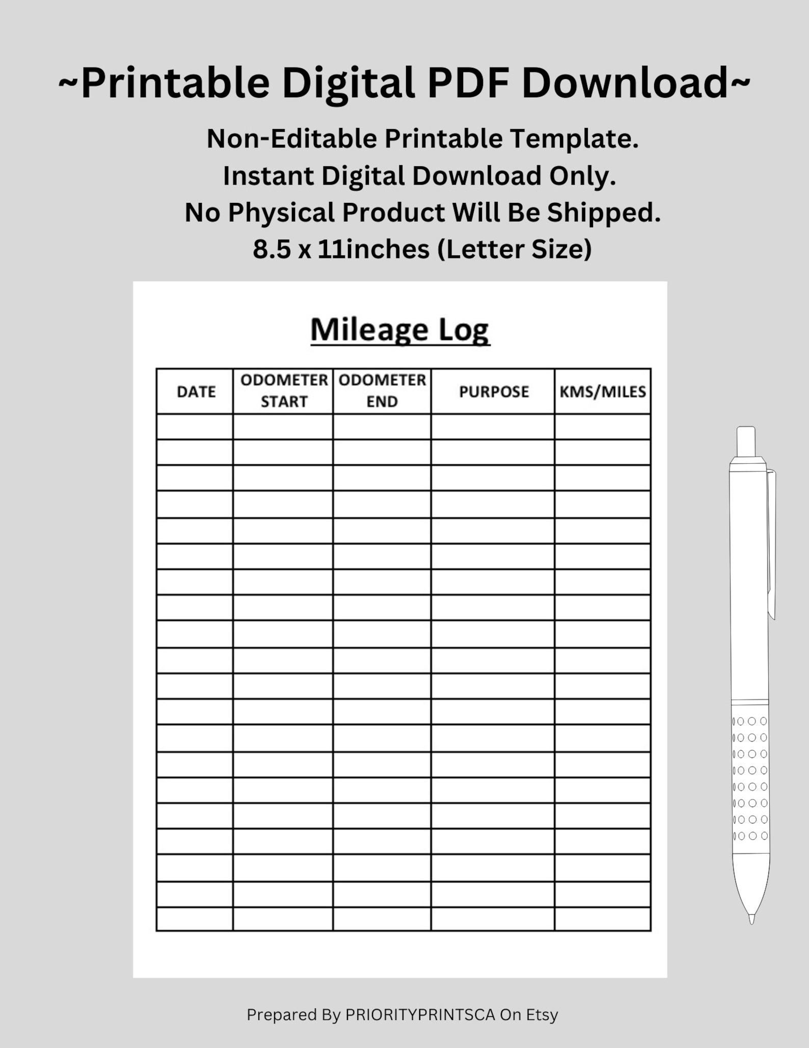 Mileage Log. Miles and Kms Tracker. Business Vehicle Log. Miles and Kms ...