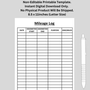 Mileage Log. Miles and Kms Tracker. Business Vehicle Log. Miles and Kms ...