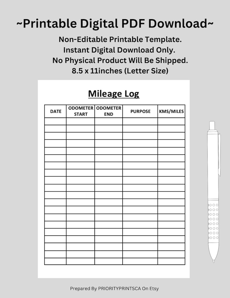 Mileage Log. Miles and Kms Tracker. Business Vehicle Log. Miles and Kms ...