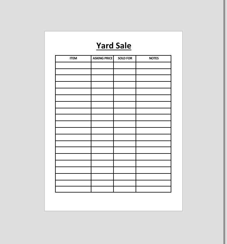 Yard Sale Sheet | Printable | US Letter Size | Digital Download - Etsy