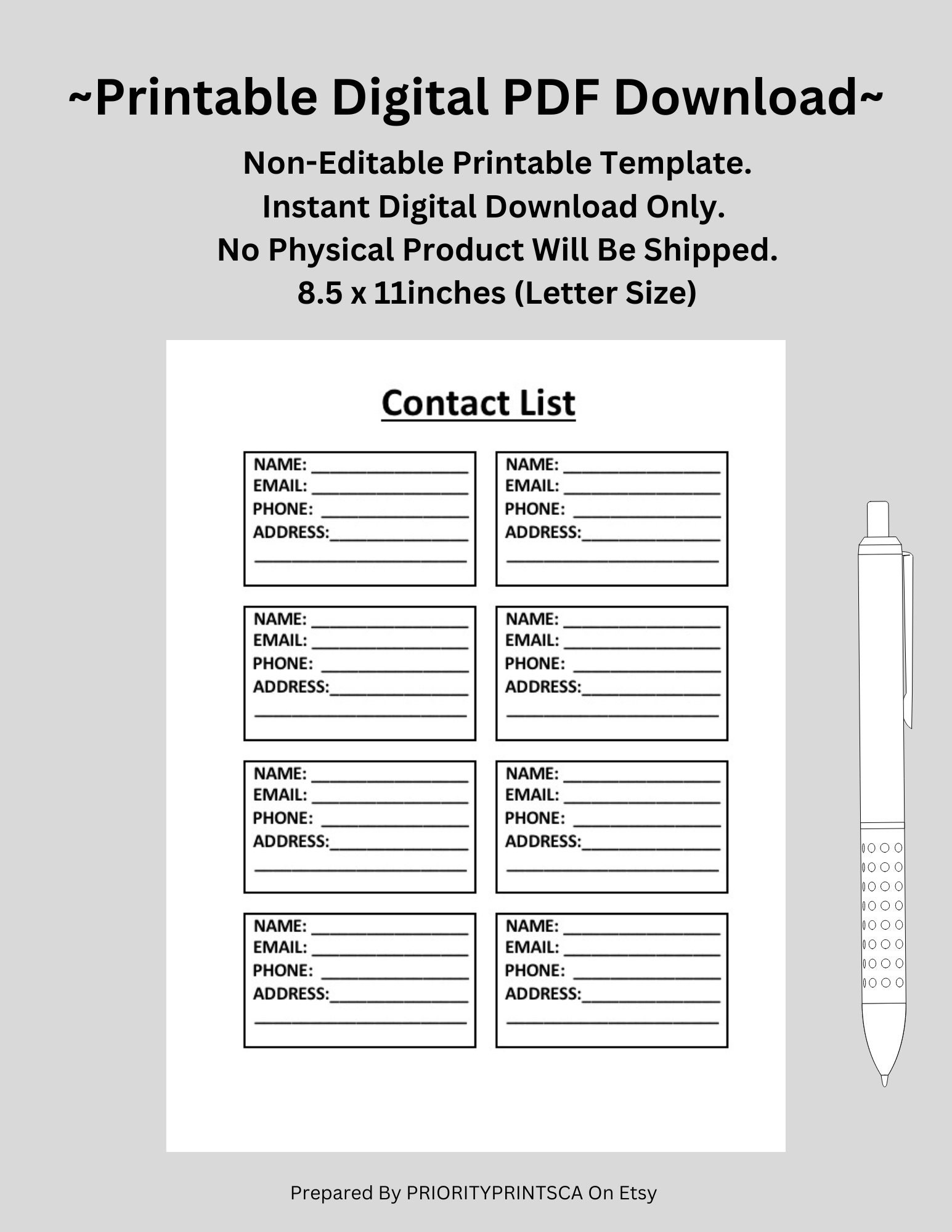 Contact List | Printable | US Letter Size | Digital Download - Etsy