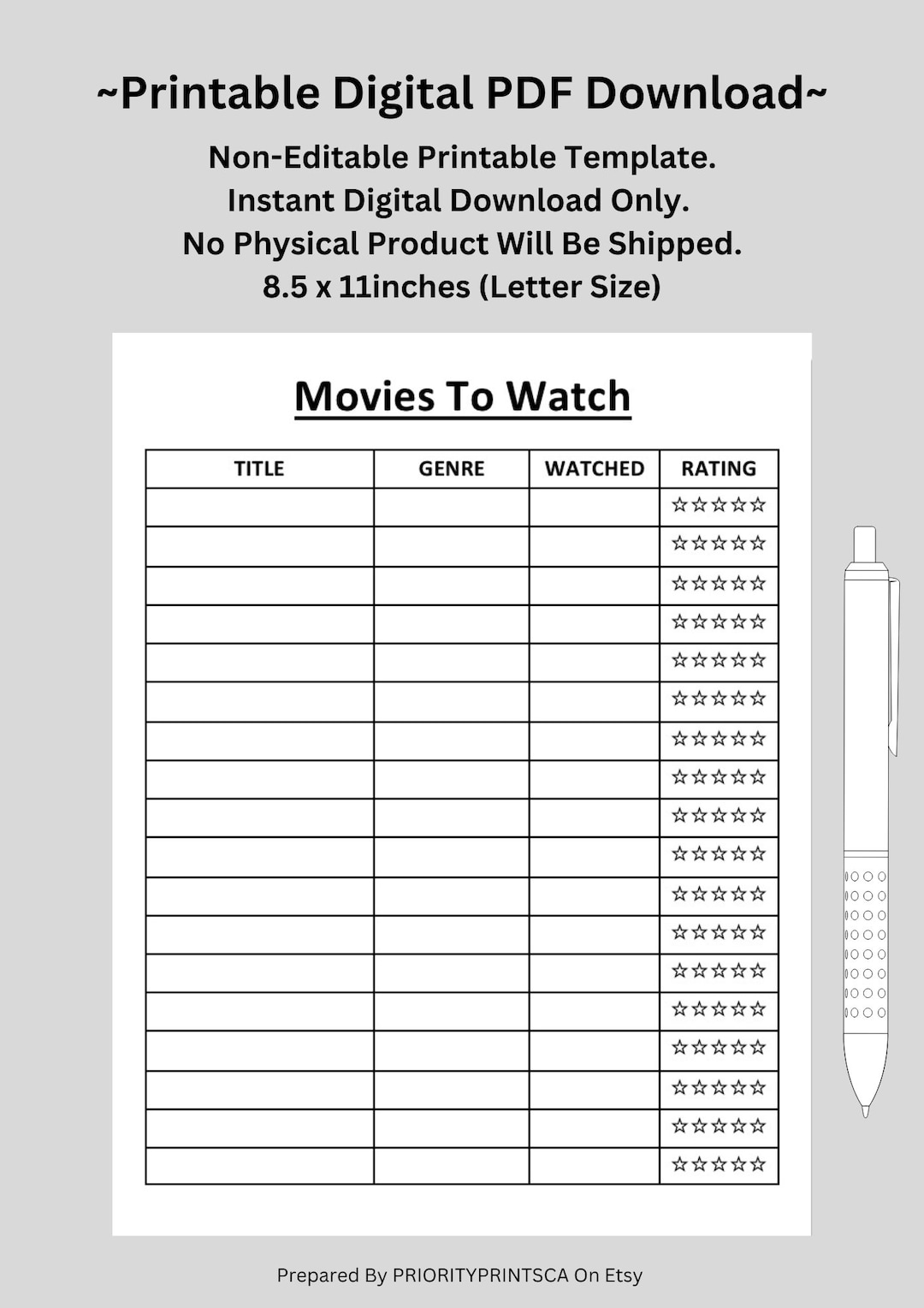 Movies to Watch With Rating Template, Movie Lover Template | Printable ...