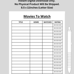 Movies to Watch With Rating Template, Movie Lover Template | Printable ...