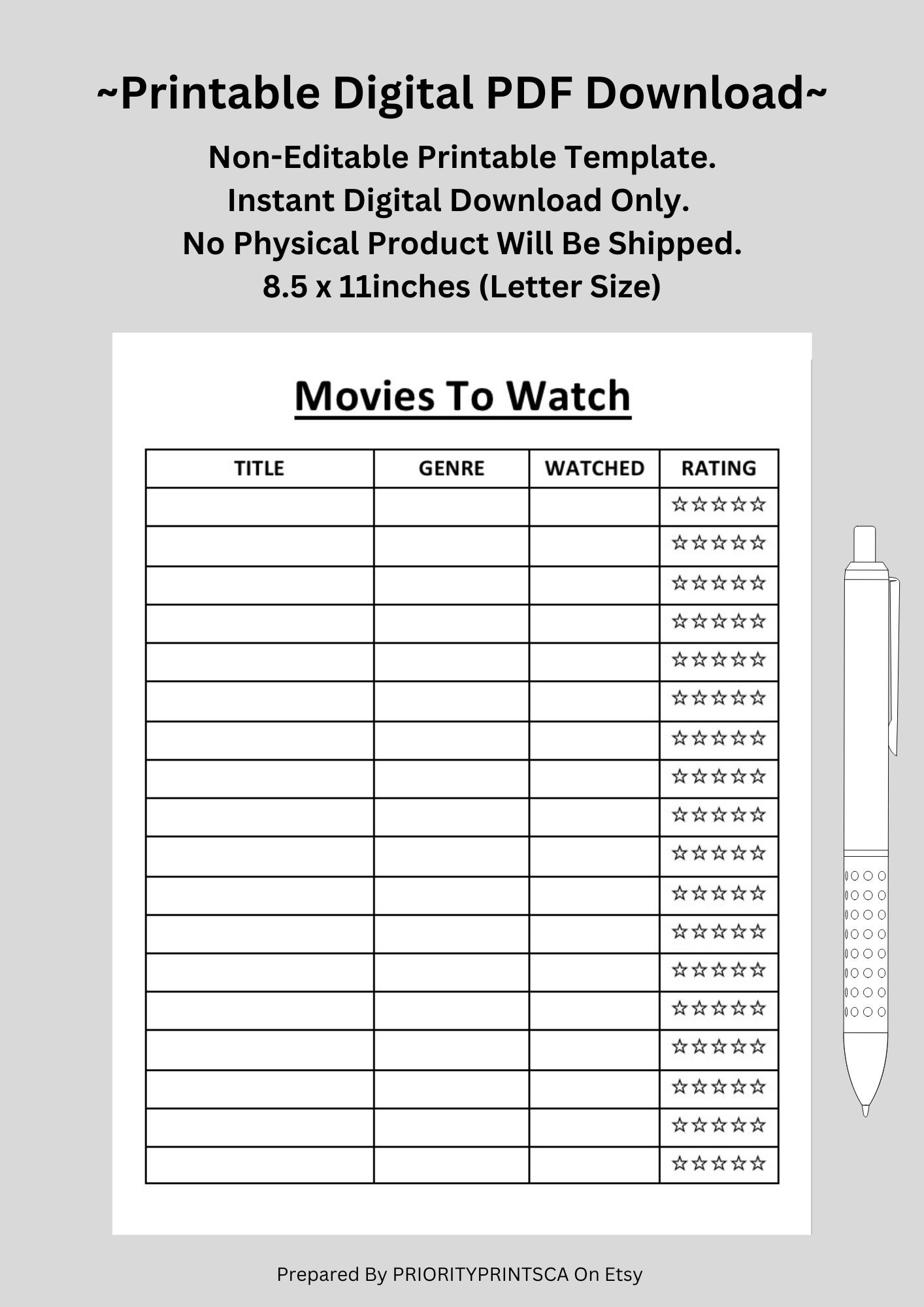 Movies to Watch With Rating Template, Movie Lover Template | Printable ...