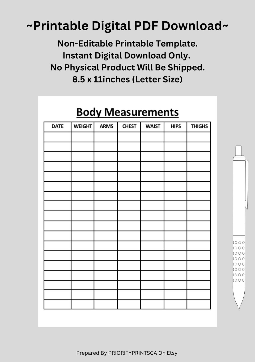 Body Measurements Log. Health and Fitness. Body Size Tracker Sheet ...