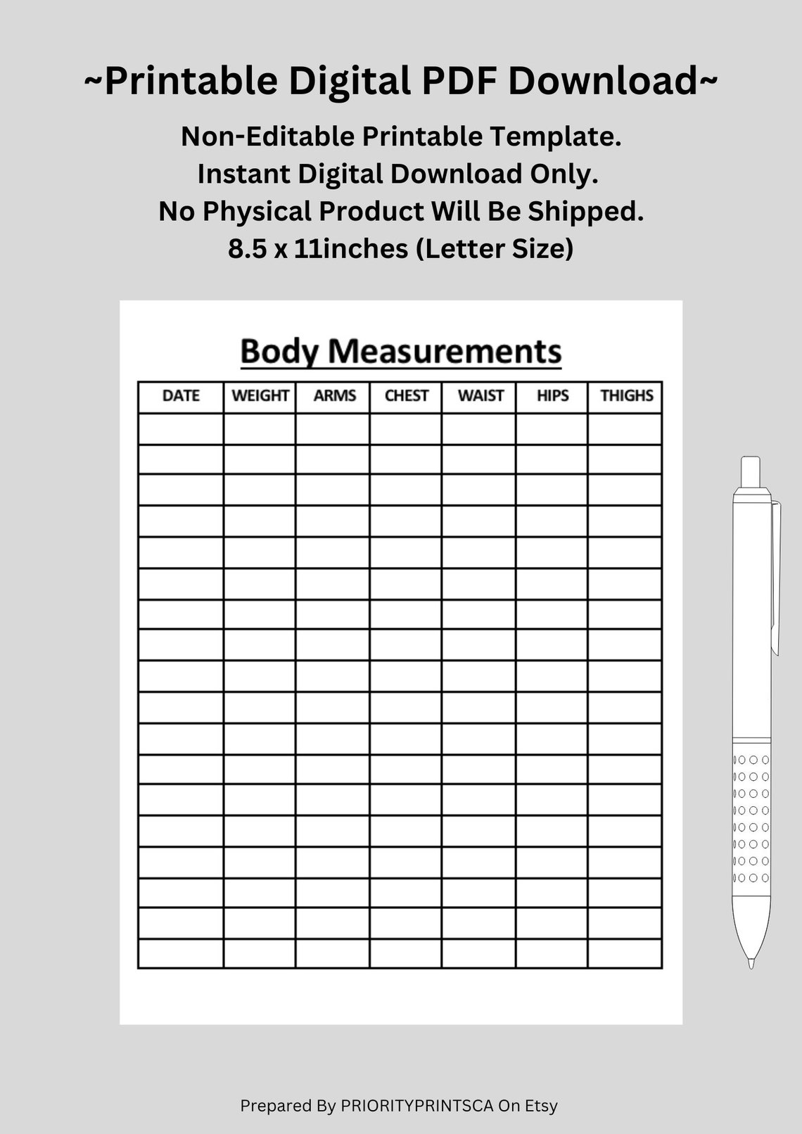 Body Measurements Log. Health and Fitness. Body Size Tracker Sheet ...