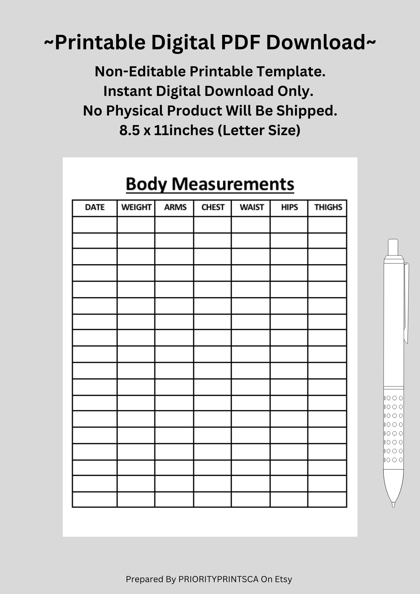 Body Measurements Log. Health and Fitness. Body Size Tracker Sheet ...