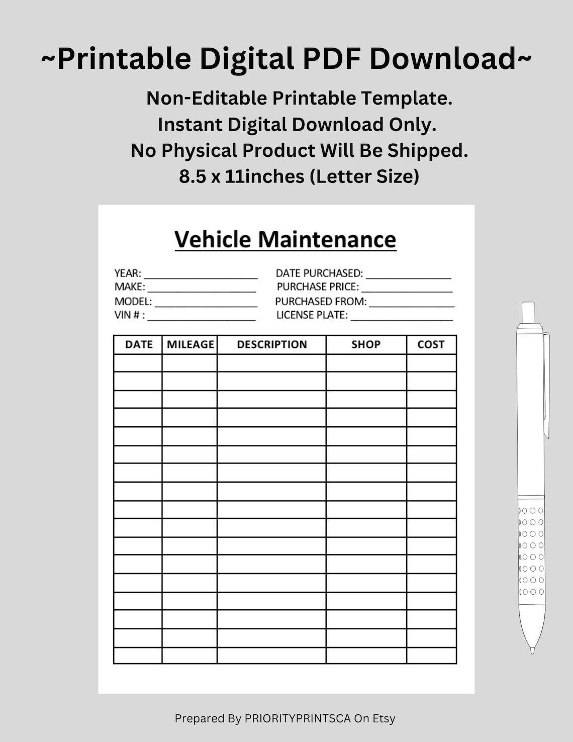 Vehicle Maintenance Log. Car, SUV, Truck Maintenance Sheet. Vehicle ...