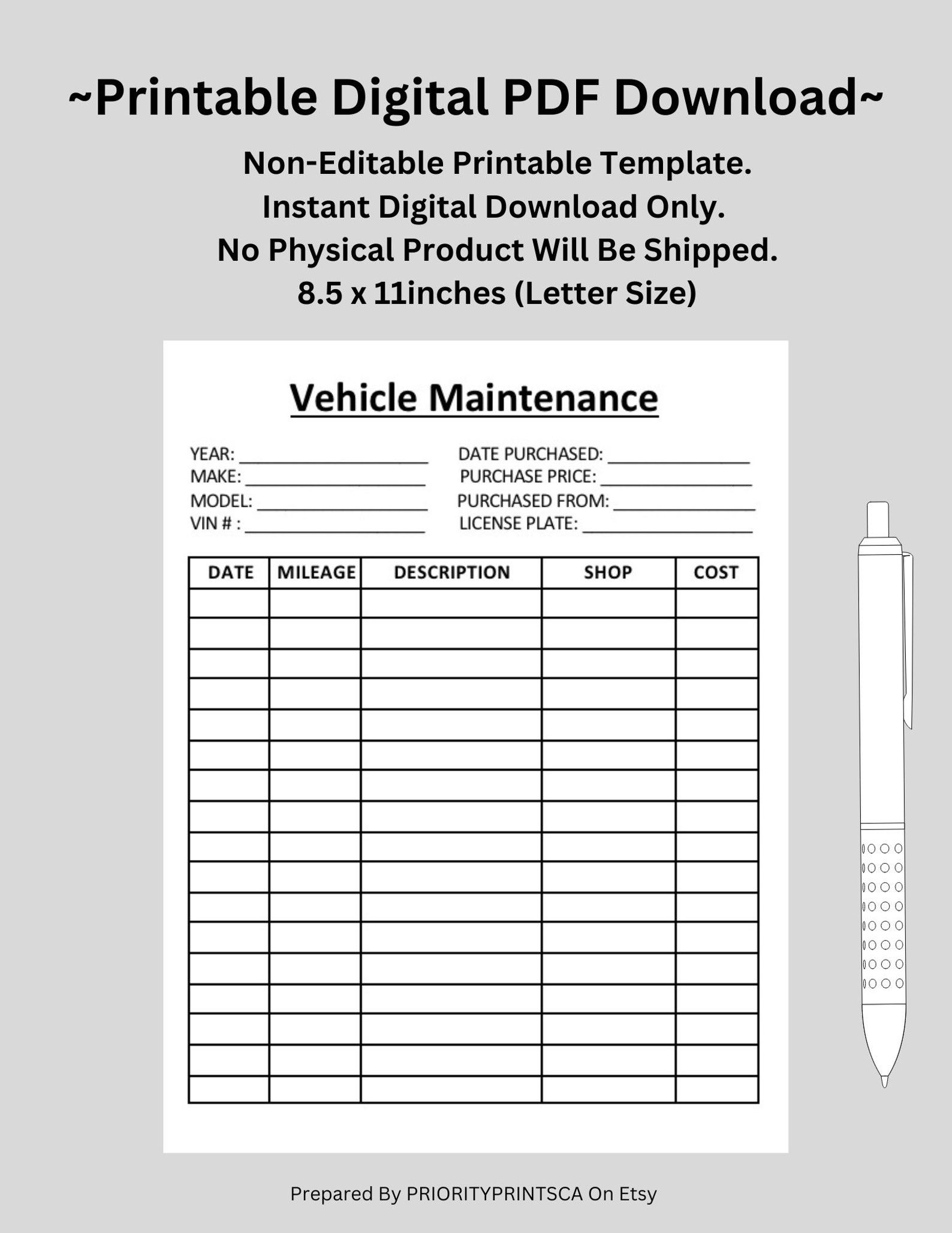Vehicle Maintenance Log. Car, SUV, Truck Maintenance Sheet. Vehicle ...
