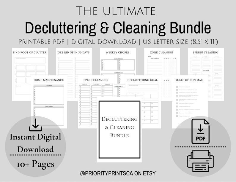 Printable Decluttering & Cleaning Planner Bundle, US Letter Size, Checklists and More, 29 Pages ...