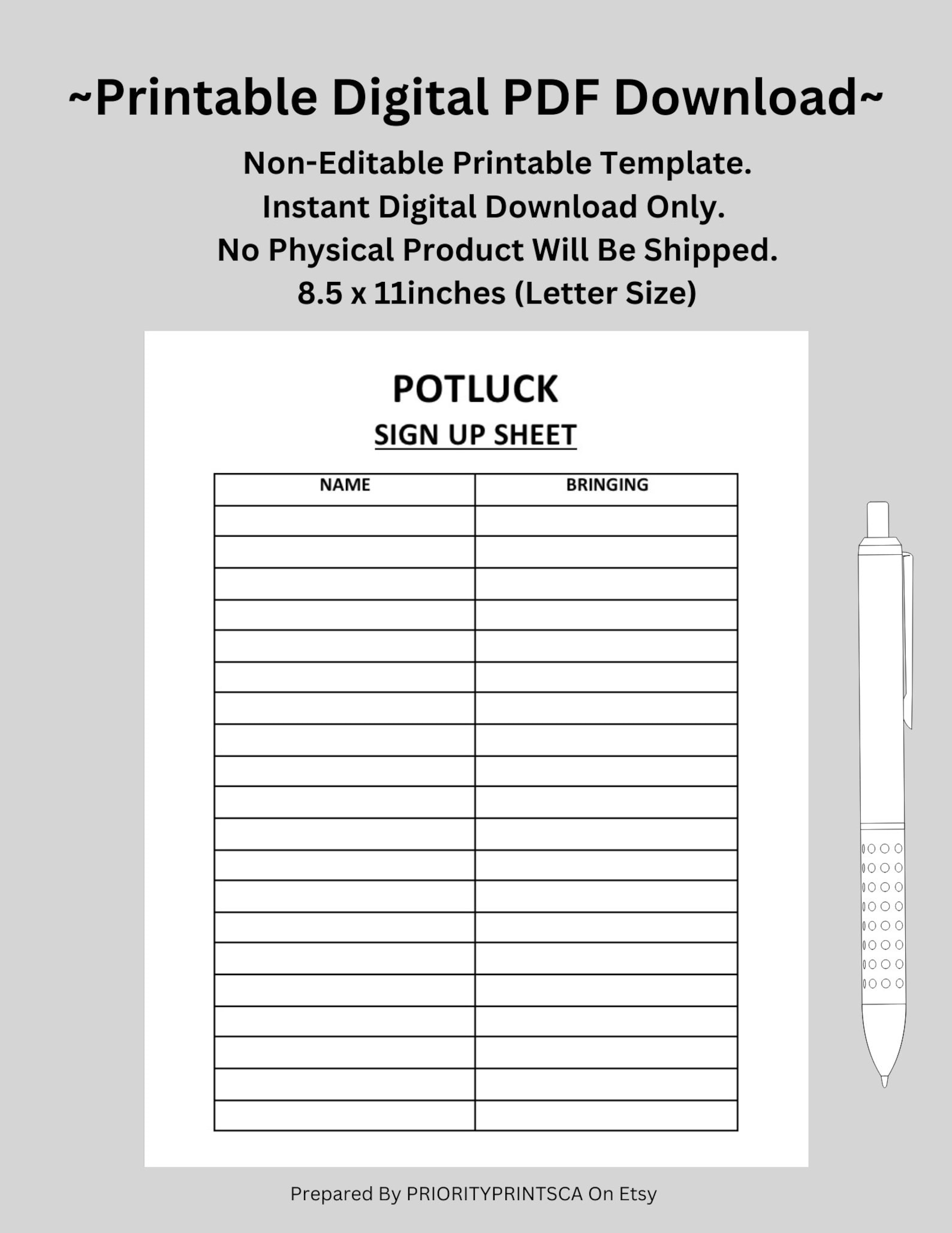Potluck Sign-up Sheet | Printable US Letter (digital Download) - Etsy