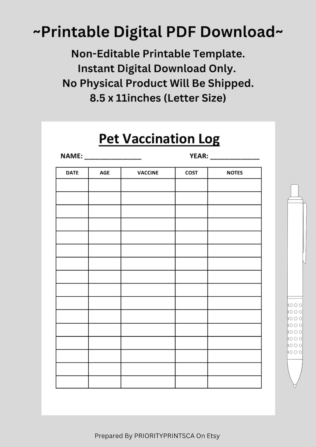 Pet Vaccination Log Sheet, Vaccine Log | Printable | US Letter Size ...