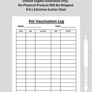 Pet Vaccination Log Sheet, Vaccine Log | Printable | US Letter Size ...