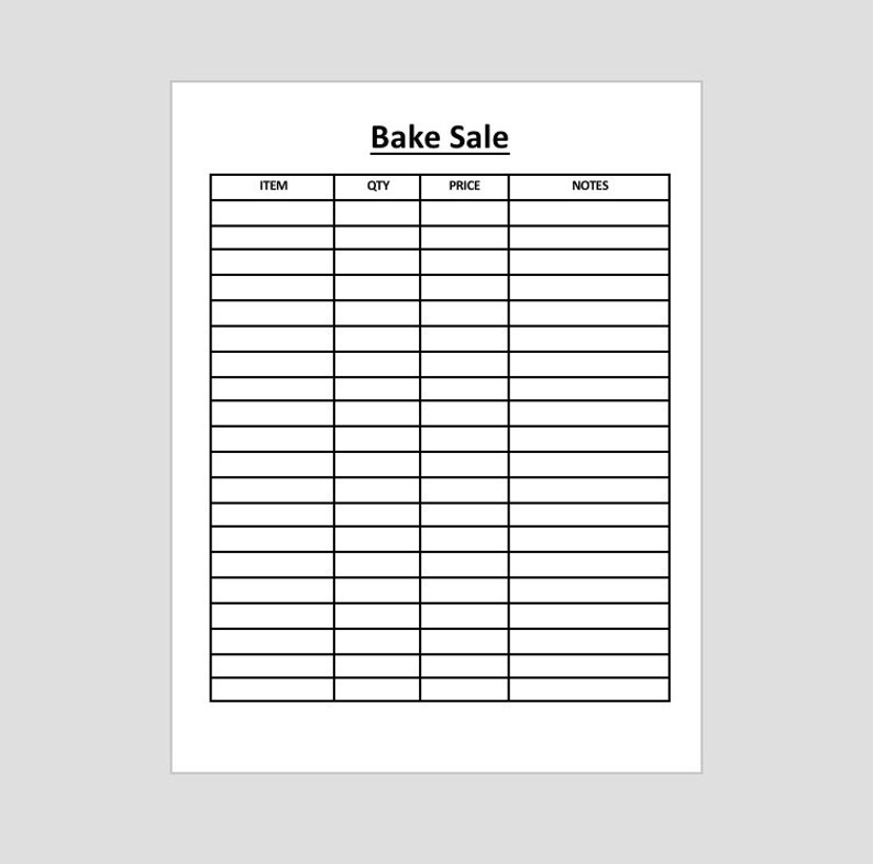 Bake Sale Sheet, Fundraising, Fundraiser | Printable | US Letter Size ...