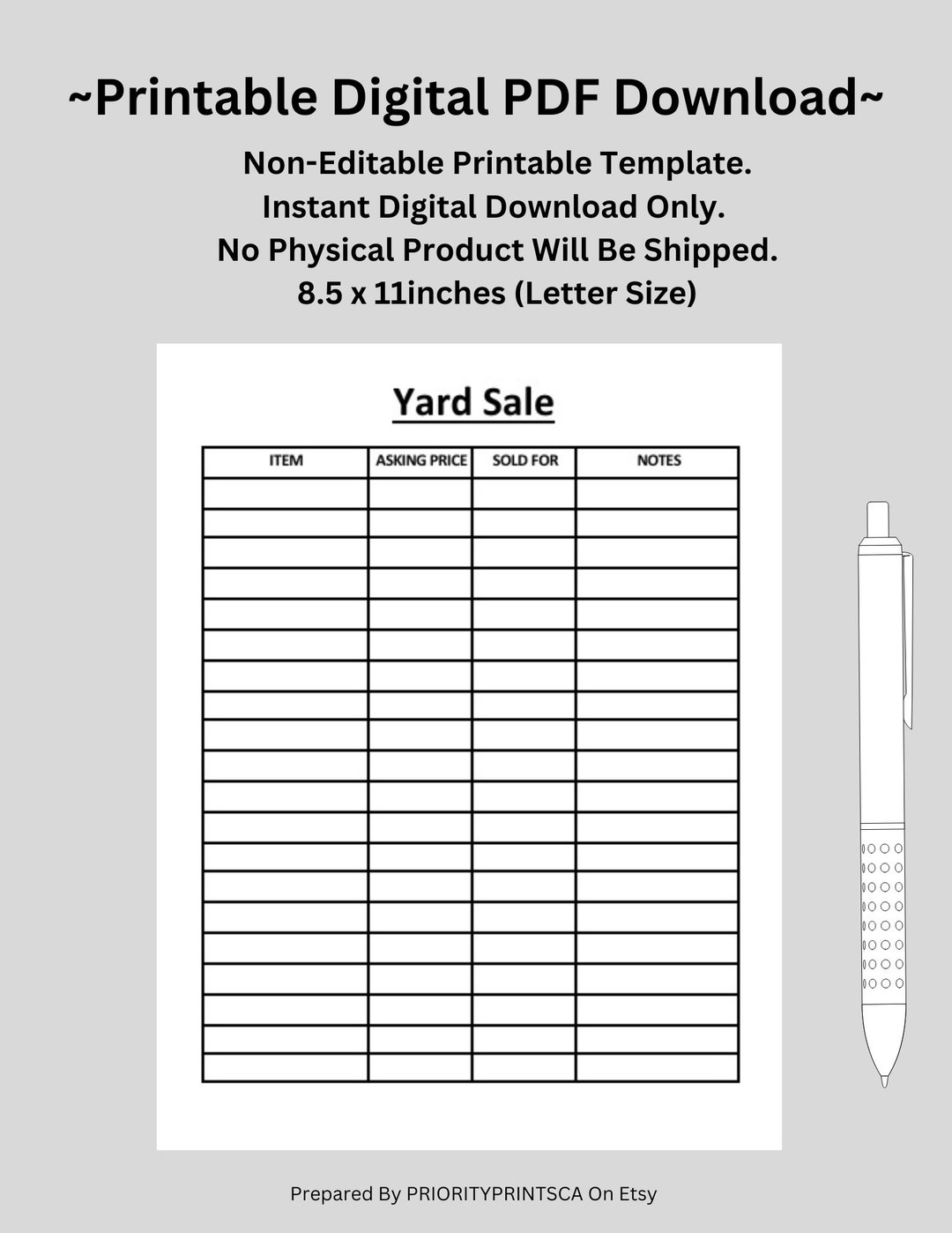 Yard Sale Sheet | Printable | US Letter Size | Digital Download - Etsy