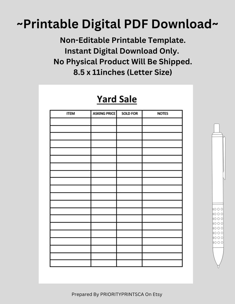 Yard Sale Sheet | Printable | US Letter Size | Digital Download - Etsy