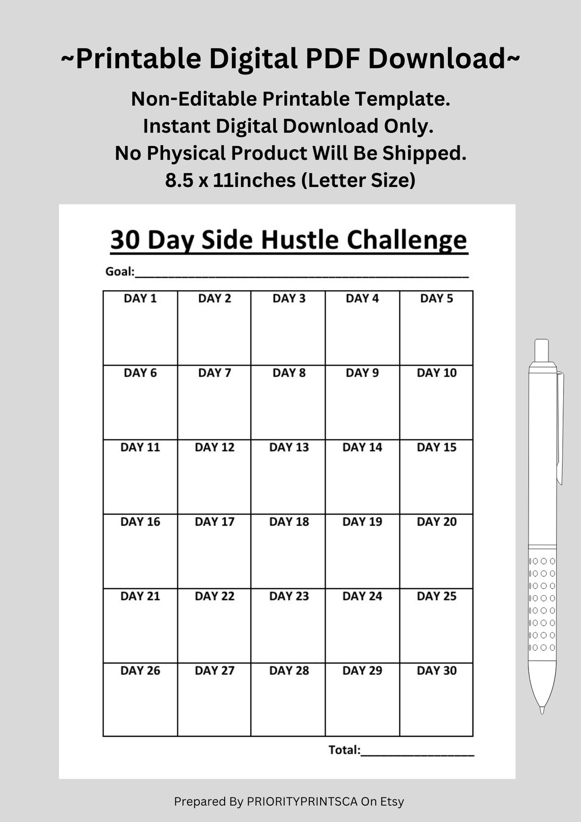 30 Day Side Hustle Challenge Printable, US Letter (digital Download) - Etsy