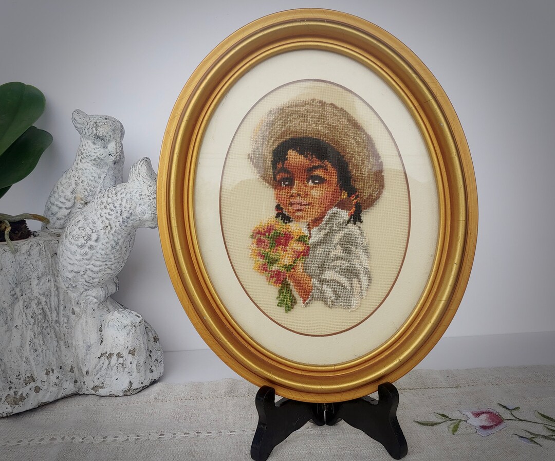 Vintage Petit Point MEXICAN GIRL With Hat and Flowers Framed Classic ...