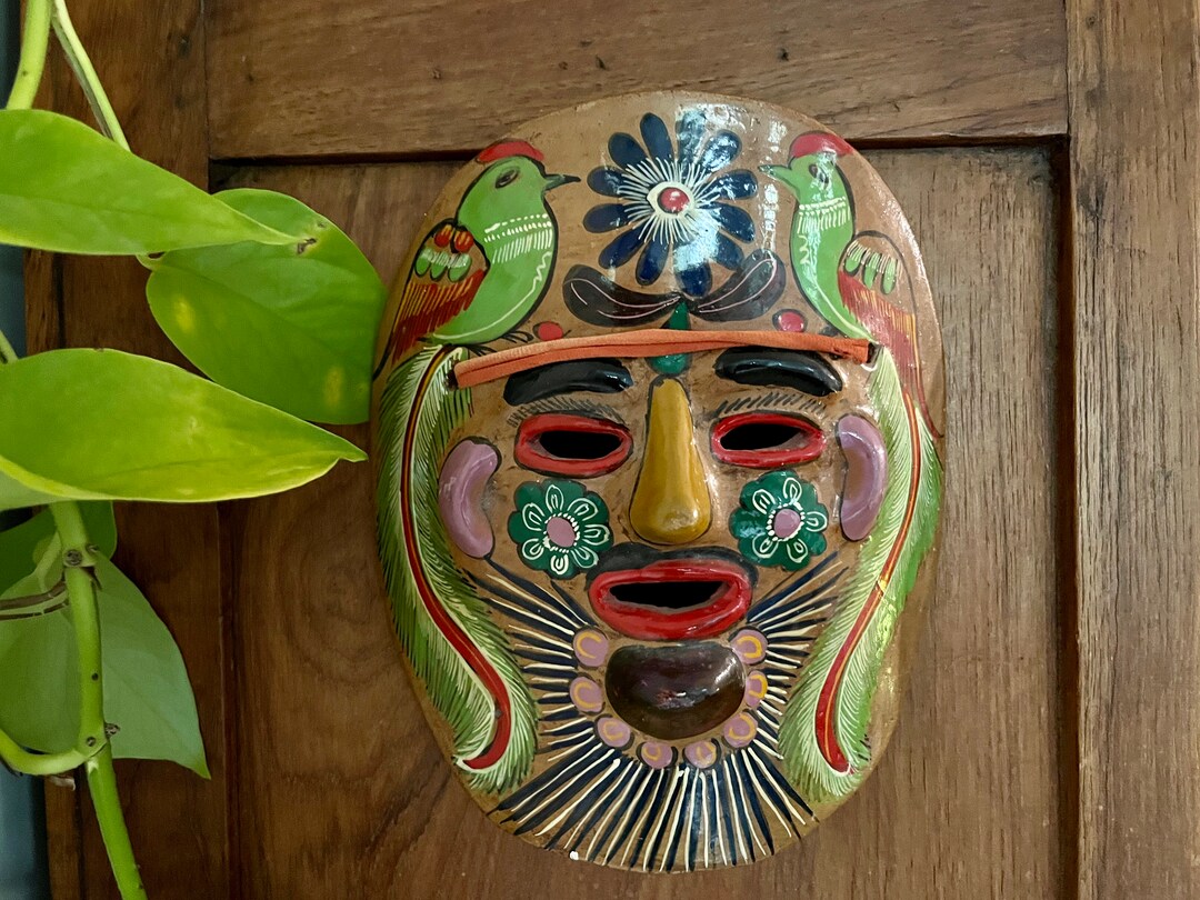Vtg Colourful Mexican TERRACOTTA FOLK ART Mask Hand Painted Hand ...