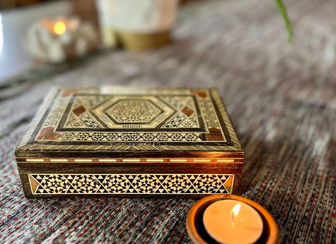 Vintage Middle Eastern Inlaid Wood Box With Bone, Moorish Mosaic ...