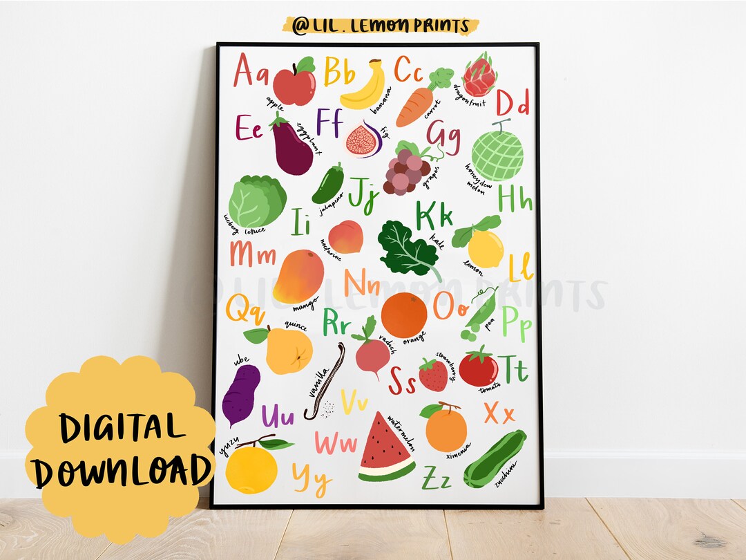 Fruit & Veggies Alphabet Art Print Cute Illustration ABC Poster ...