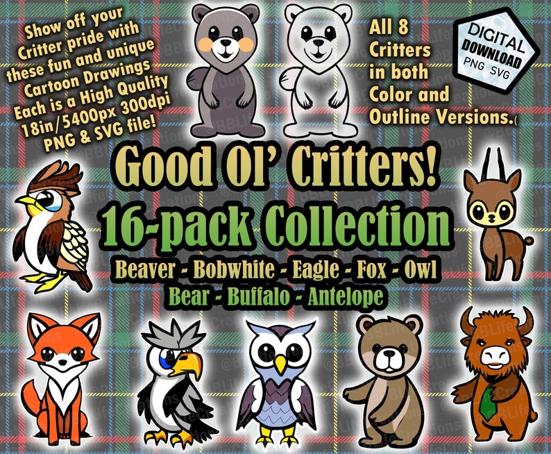 Good Ol' Critter Cartoon Drawing 16-pack PNG/SVG Digital Download - Set ...