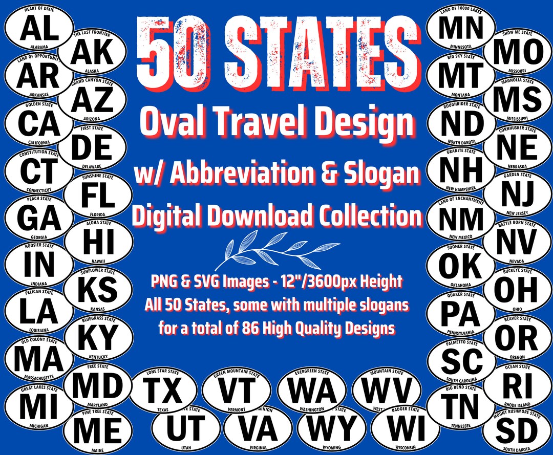 50 States Oval Travel Sticker Collection PNG/SVG Digital Download 86 ...