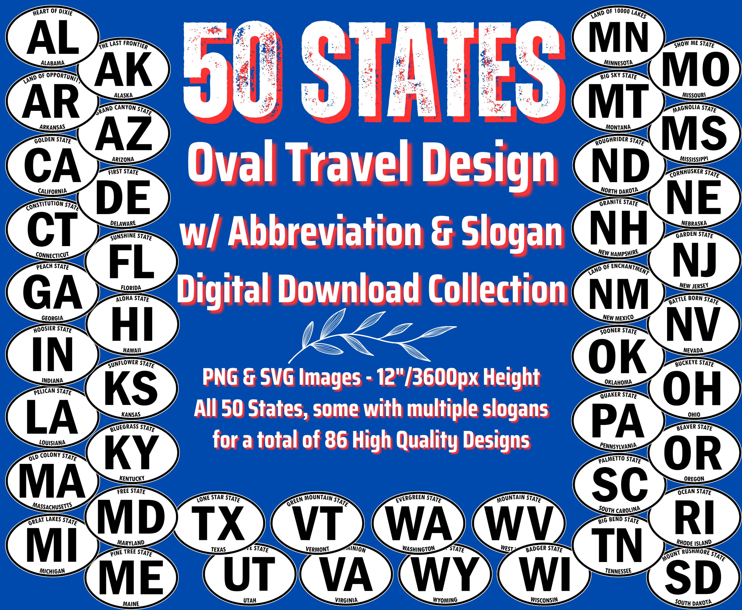 50 States Oval Travel Sticker Collection PNG/SVG Digital Download - 86 ...