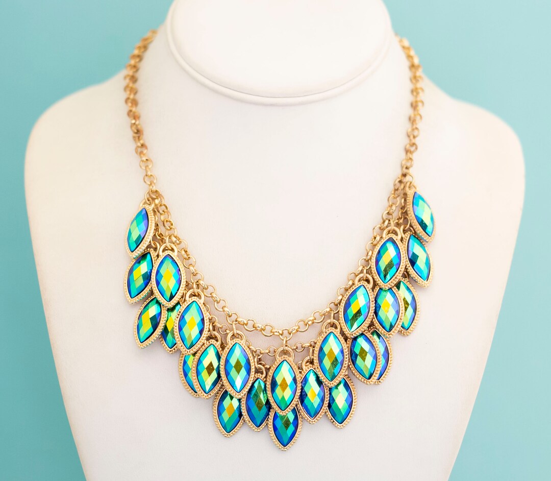 Vintage Abstract Iridescent Faux Gems Gold Tone Bib Necklace 18 Inch ...